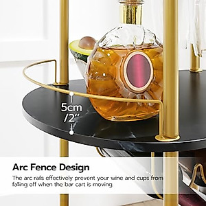HOOBRO Bar Cart Gold, 3-Tier Home Bar Serving Cart with Lockable Wheels, Rolling Kitchen Cart with Wine Rack and Glass Holders, Mini Bar with Arc Fence for Party Marble Black and Gold DB60TC01