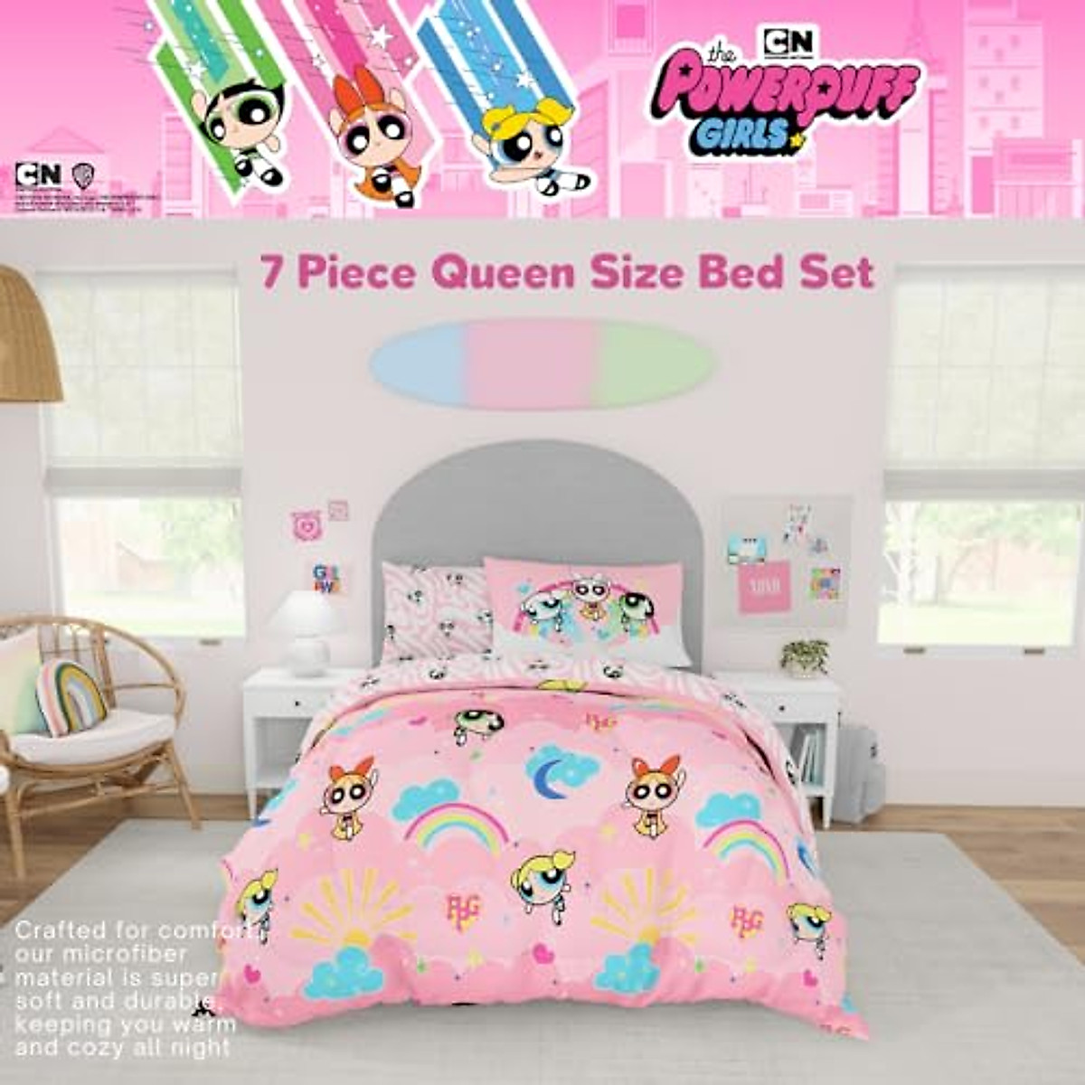 Franco Collectibles Powerpuff Girls Bedding 7 Piece Super Soft Comforter and Sheet Set with Sham, Queen, (100% Official Licensed Product)