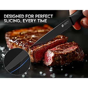ASETY Steak Knives Set of 6, Serrated Steak Knives,Dishwasher Safe,High-Carbon Stainless Steel Steak Knife Sets with Elegant Box,Black