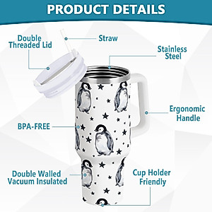YKZEYK White Penguins Stars 40 OZ Tumbler with Handle And Straw Insulated Tumblers Coffee Mug Travel Cup Cups with Lids And Straws Tumbler