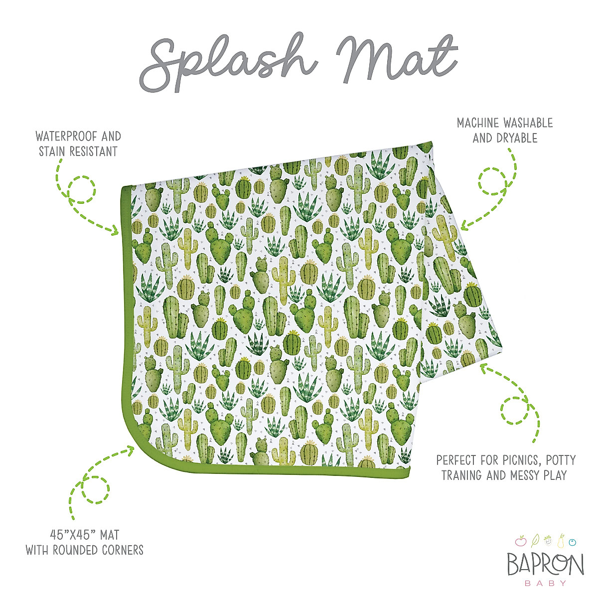 BapronBaby Desert Cactus Splash Mat - Waterproof Catch-All for Under High Chairs, Floors, Tables, Playtime or Arts & Crafts - Machine Washable - 45" x 45”