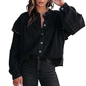Gerichy Denim Shirt Women Trendy, Denim Shirts for Women Plus Size, Fall Outfits for Women 2023 Trendy, Women's Oversized Denim Jacket Ruffle Sleeve Trendy Denim Shirt Fashion Blouses