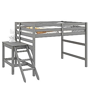 WOXYX Wood Full Size Loft Bed with Platform and Ladder for Kids,Space Saving Low Loft-Bed for Girls Boys,Gray