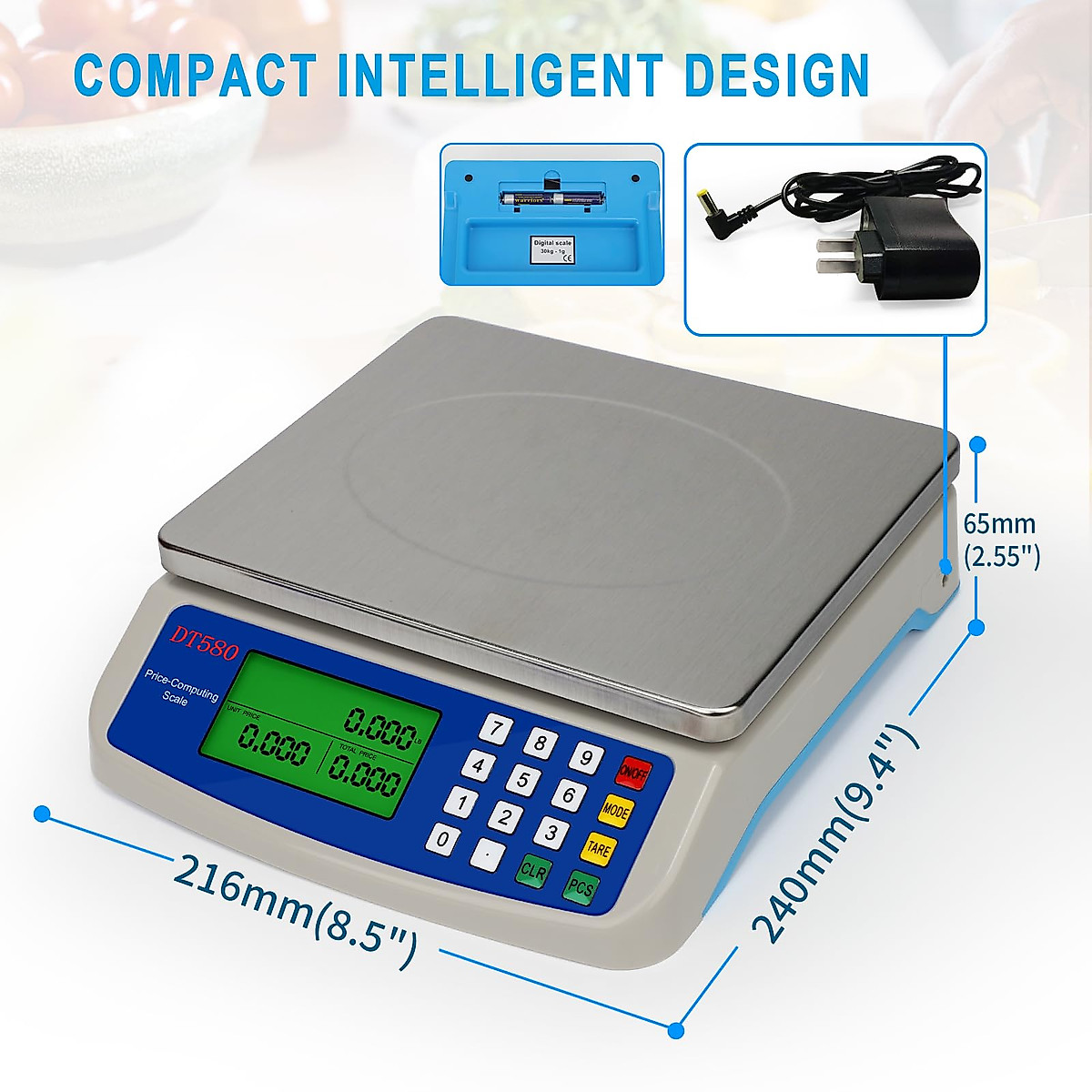 RUJIXU Large Digital Kitchen Scale 30KG Commercial Food Scale 66LB for Baking Bread Meat Stainless Steel Price Computing Scale LCD Display,Prep Counting Scale for Parts and Coins Adapter Included