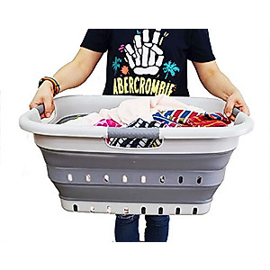 SAMMART 41L (10.8 gallon) Set of 2 Collapsible 3 Handled Plastic Laundry Basket-Foldable Pop Up Storage Container/Organizer-Space Saving Hamper/Basket (2, Grey/Dark Grey)