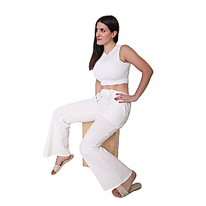 Unlimit Womens Casual Pants Wide Legs Cotton Linen, Soft Lightweight Comfy Long Lounge Pants for Summer, Beach and Home, Elastic Waist Drawstring Trousers with Pockets. (XL, White)