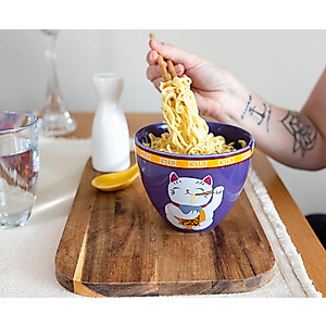 Boom Trendz Bowl Bop Purple Lucky Cat Japanese Ceramic Dinnerware Set | Includes 16-Ounce Ramen and Wooden Chopsticks Asian Food Dish for Home Kitchen Kawaii Anime Gifts, Maneki Neko Collectible