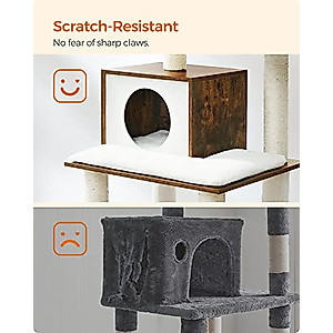Feandrea WoodyWonders Cat Tree, Modern Cat Tower for Indoor Cats, 54.3-Inch Multi-Level Cat Condo, Ultra-Soft Plush, Scratching Posts, Hammock, Removable, Washable Cushions, Rustic Brown UPCT164X01