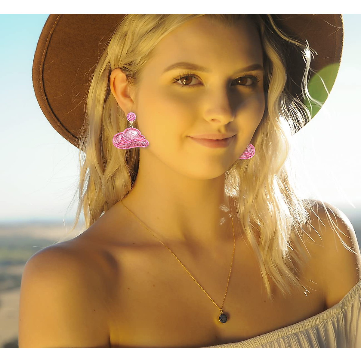 UYT Glitter Beaded Earrings Fun Western Cowgirl Hat Earrings Western Cowboy Wedding Drop Dangle Earrings for Women Bridal Shower Fashion Jewelry Gift (pink)