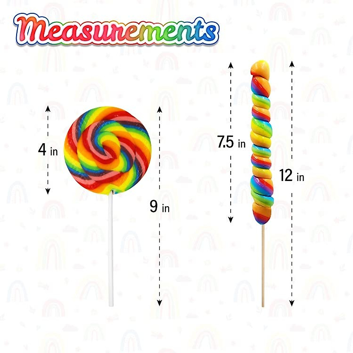 12 Jumbo Rainbow Swirl Lollipops Bundle, 6 Giant 4 Inch Swirl Suckers & 6 Twisty Pops 12 inch Height,Individually Wrapped Multi-Flavored Candy, Great for Summer At The Beach