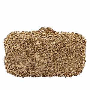 Boutique De FGG Dazzling Crystal Flower Clutch for Women Evening Minaudiere Bags Wedding Party Purses and Handbags (Small,Gold)