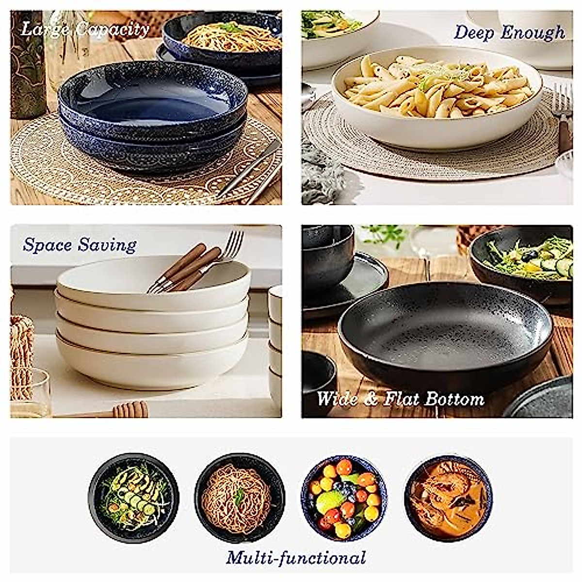 S&Q'S CERAMICS Large Serving Bowls Set of 4, 65 Ounce Large Salad Bowls,10'' Ceramic Wide Shallow Bowl Plates, Big Serving Dishes for Party, Entertaining, Microwave Safe (Glazed Matte Off-White)