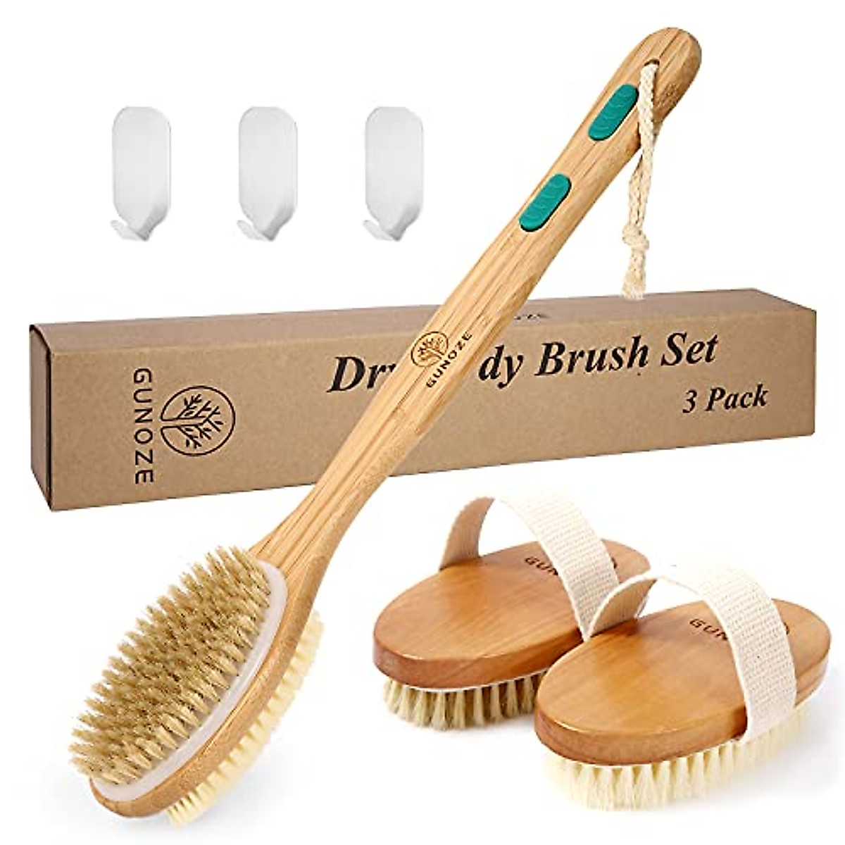 Gunoze Shower Brush Set, Dual-Sided Long Handle Back Scrubber with Soft and Stiff Bristles, and 2 Pack Dry Brushing Body Brush for Wet or Dry Brushing, Shower Body Exfoliating for Radiant Skin