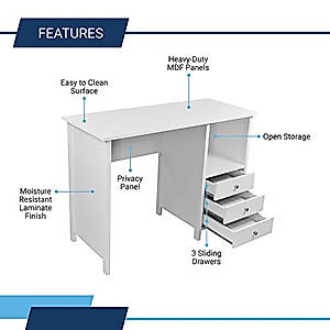 Techni Mobili White Desk with Drawers - Small Office Desk with 3 Cabinet Drawers, Open Shelf, & Laminated Wooden Panels Office & Study Table for Bedroom & Workstations