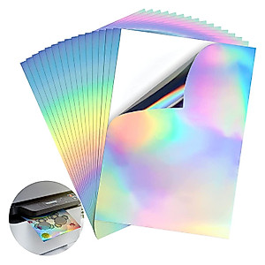 Printable Holographic Sticker Paper 20 Pcs Printing Paper Sheets Ink Stickers Self Adhesive A4 for Laser Inkjet Printer Paper