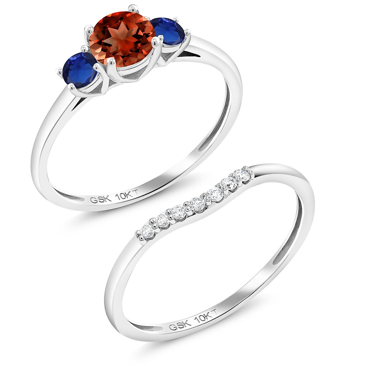 10K White Gold Red Garnet and Blue Created Sapphire and White Lab Grown Diamond 3-Stone Bridal Engagement Wedding Ring Set For Women (0.88 Cttw, Gemstone January Birthstone, Round 5MM, Size 5)