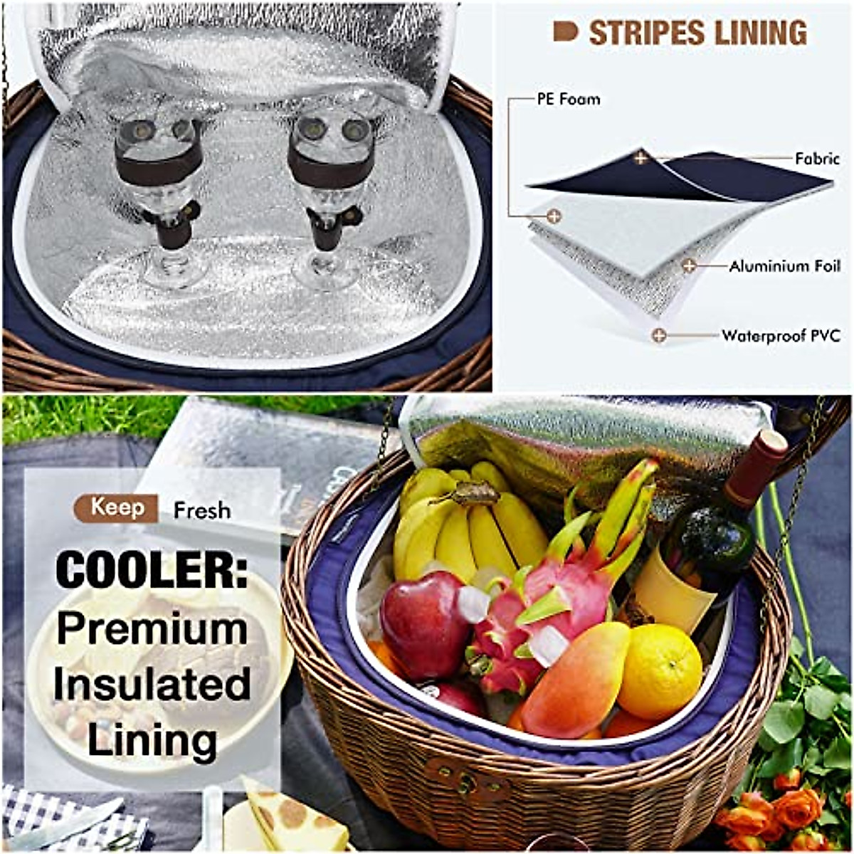 Unique Willow Picnic Basket for 2 Persons, Natural Wicker Picnic Hamper with Service Set and Insulated Cooler Bag - Best Gifts for Father Mother