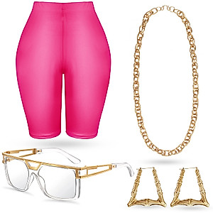 80s 90s Outfit for Woman Hip Hop Costume Legging Rapper Sunglasses Gold Chain Earring Party Accessories(XX-Large,Rose Red)