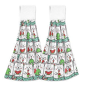 DIGTIA Summer Cat Kitchen Towels 2 Pack Funny Watermelon Hand Towel Bathroom Fruit Cute with Loop 12"x17" Fingertips Towels