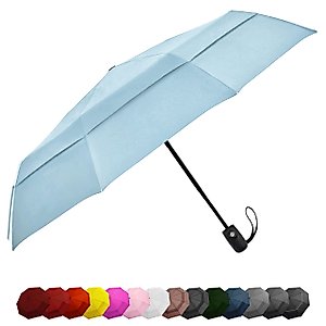 Windproof Travel Umbrellas for Rain - Lightweight, Strong, Compact with & Easy Auto Open/Close Button for Single Hand Use - Double Vented Canopy for Men & Women - Light blue