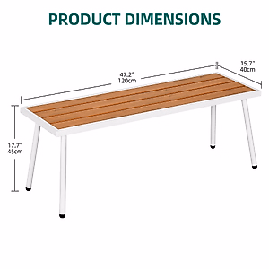 YITAHOME Outdoor Faux Wood Bench, Weatherproof Patio Bench with Slatted for 3, Backless Seat and Metal Frame, Outside Dining Bench for Garden, Porch, 47.2 x 15.7 x 17.7 Inch - Teak & White