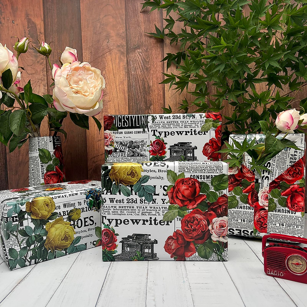 Dtiafu Vintage Newspaper Wrapping Paper Retro Floral Gift Wrap Paper - Rustic Wrapping Paper for Christmas Wedding Holiday - 20 x 28 Inch Per Sheet （6 Sheet）