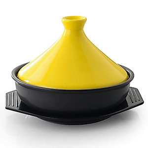 MYYINGBIN Healthy Lead Free Ceramic Tagine Pot with Wooden Shovel and Tray, Stew Casserole Slow Cooker, 23cm, Yellow