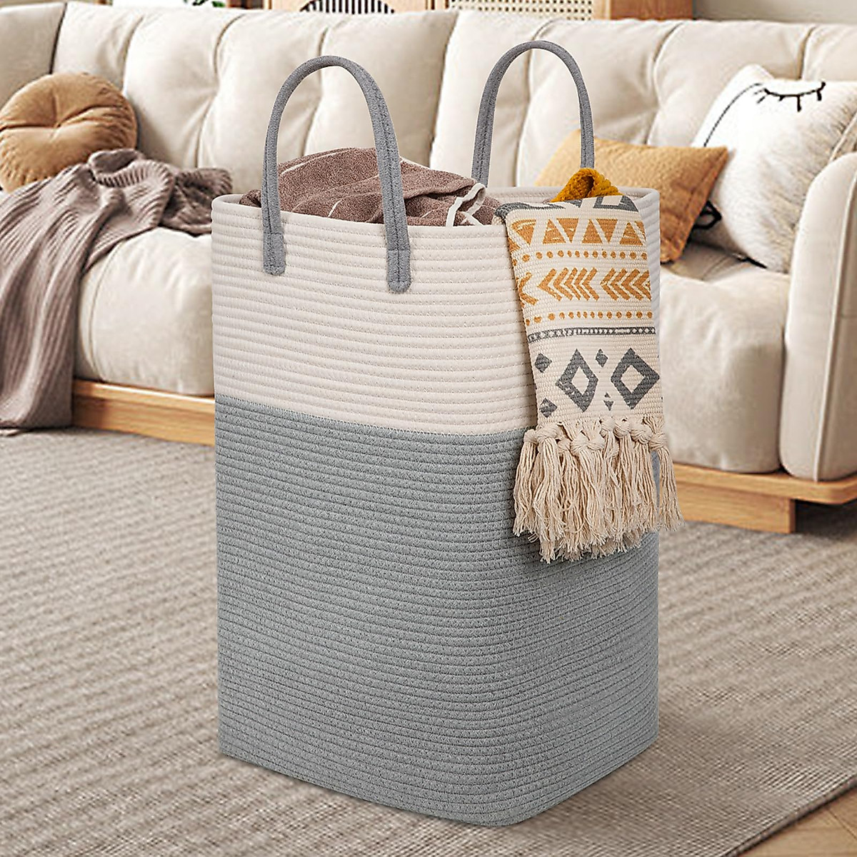CHICSTASH Cotton Rope Laundry Hamper with Handles,76L Large Laundry Basket Blanket Basket for Living Room Durable Dirty Clothes Basket for Bedroom, Dorm, Towels, Toys(16x13x22in Grey & White)