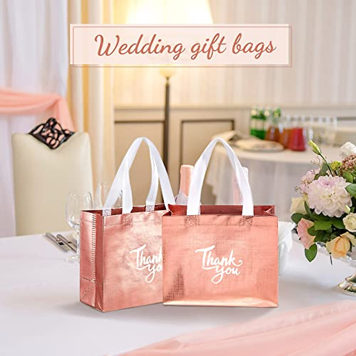 36 Pcs Rose Gold Gift Bags Bridesmaid Gift Bag Bachelorette Bags Gift Wrap Bags Non Woven Reusable Shiny Small Thank You Gift Bags, Tote Bags Bulk for Christmas Birthday Holiday 9.7 x 4 x 8 Inch