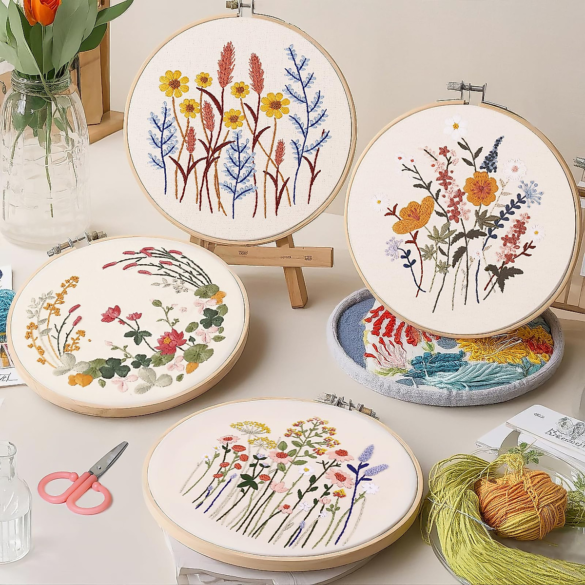 CYANFOUR 5 Pack Beginner Embroidery Kit for Adults, Easy to Learn Floral Embroidery Patterns from Video & Instruction, Needlepoint Kits for Adults Include Embroidery Hoop, Colorful Threads, Tools