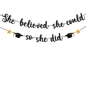2024 Graduation Banner, Glittery She Believed She Could So She Did Banner Garland Photo Props Banner for Party Home Classroom Decorations… (Black)