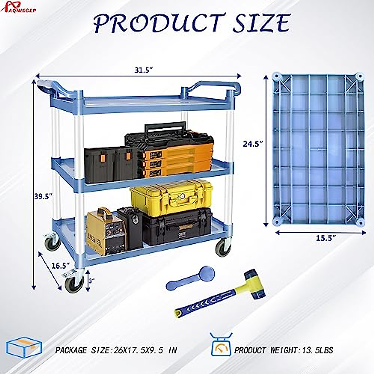 AQNIEGEP Utility Carts with Wheels Food Office Restaurant Rolling Cart 510lbs Capacity, Lockable Wheels, Rubber Hammer 16.5" x 31.5" x 39.5"