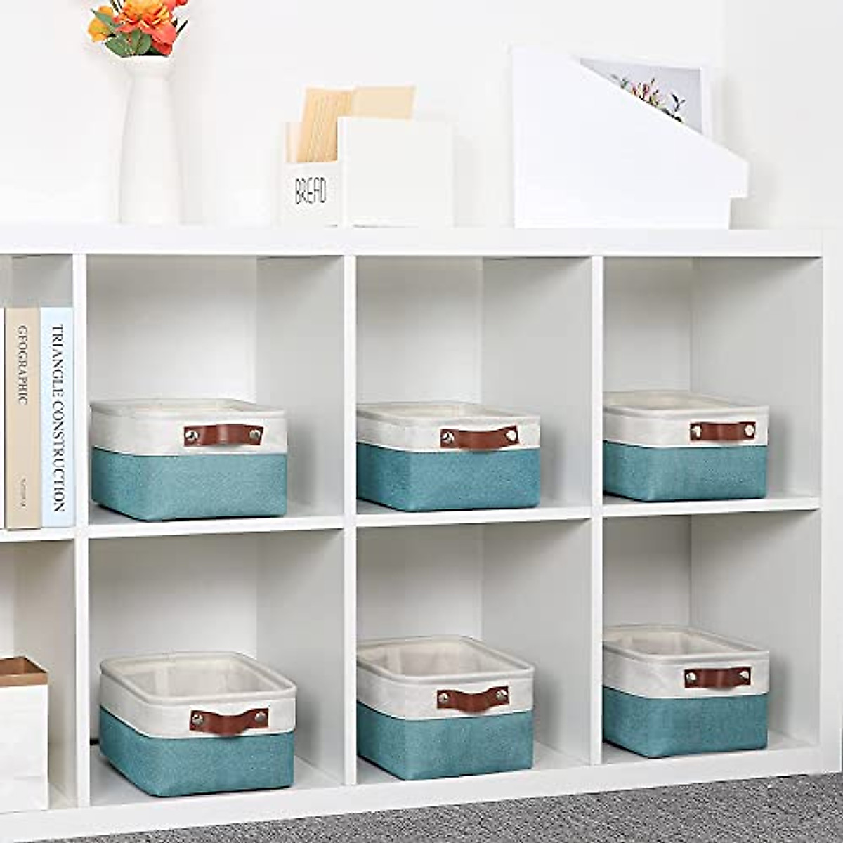 DULLEMELO Collapsible Bundle Baskets 3 Medium Baskets 15"x11"x9.5" + 6 Small Baskets 11.8"x7.9"x5.1"（White&Teal)