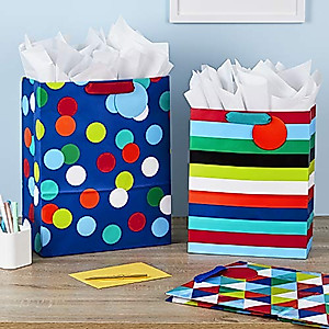 Hallmark 13" Large and 15" Extra Large Gift Bags Assortment with Tissue Paper (Pack of 3: Celebrate, Rainbow Stripes, Polka Dots) for Christmas, Birthdays, Father's Day, Graduations or Any Occasion