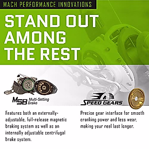 Lew's Mach 1 SLP Baitcast Reel and Fishing Rod Combo, 7-Foot 2-Inch 1-Piece Graphite Rod Blank with Split Grip EVA Handle, One-Piece Graphite Frame, Right-Hand Retrieve, Silver/Green