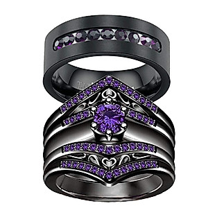 Two Rings His Hers Wedding Ring Sets Couples Matching Rings Women's 2pc Black Gold Filled Amethyst CZ Wedding Engagement Ring Bridal Sets Men's Titanium Wedding Band