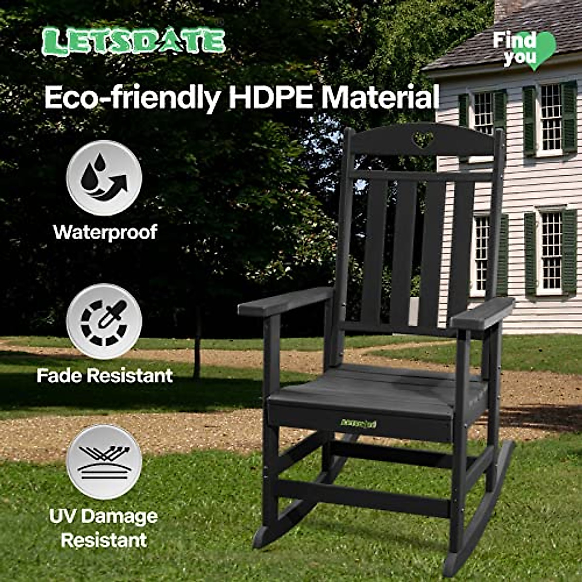 letsdate Love High Back Plastic Rocking Chairs Outdoor & Indoor | Oversized HDPE Rocker Chairs | Easy to Assemble | Max Weight 500lbs | for Lawn, Porch, Patio, Backyard, Fire Pit, Garden (Black)