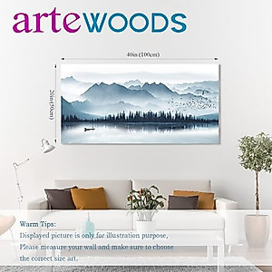 arteWOODS Indigo Canvas Wall Art Misty Mountain Wall Pictures Foggy Lake Boat Canvas Painting Grey Blue Forest Birds Canvas Wall Decor for Living Room Wall Decorations 20" x 40"
