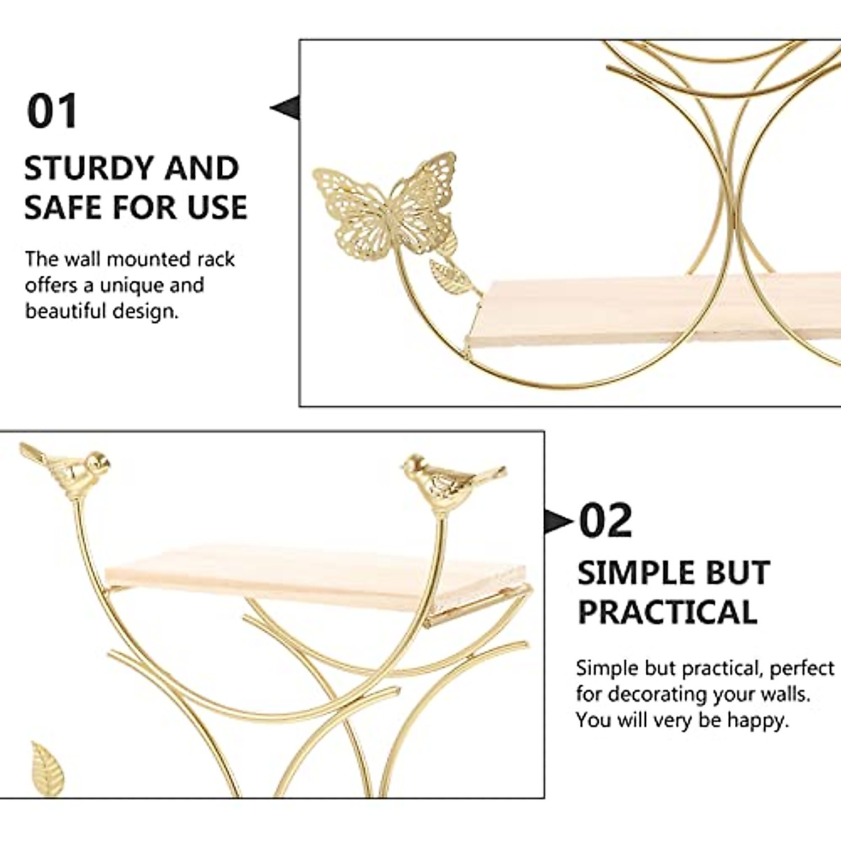 DOITOOL Wall Mounted Floating Shelves Rustic Storage Shelf Spice Rack Shelf Sundries Organizer with Butterfly Figurine for Bathroom Bedroom Living Room Kitchen Golden