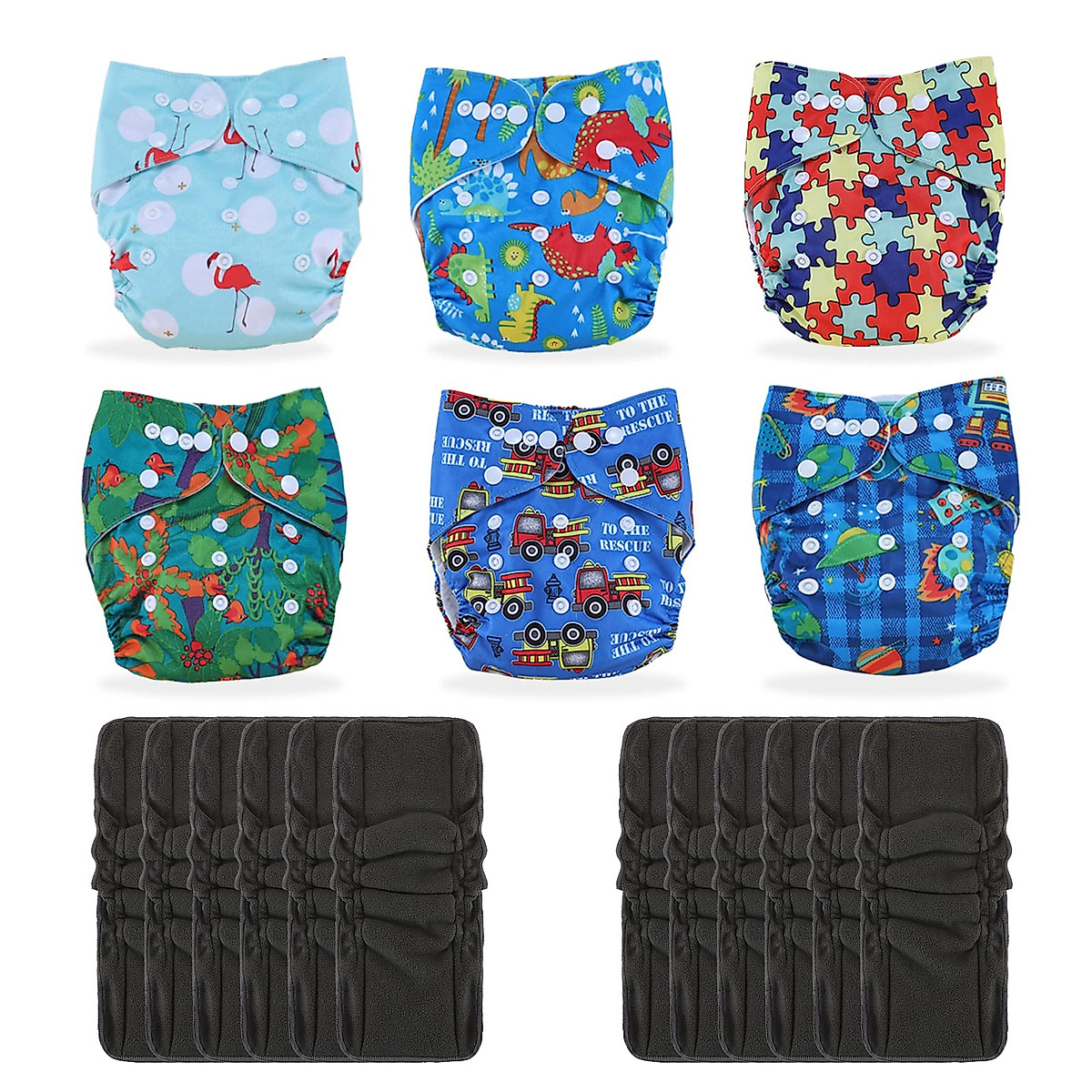 TDIAPERS Cloth Diapers Washable Reusable One Size Adjustable for Baby 6 Pack with 12 Inserts