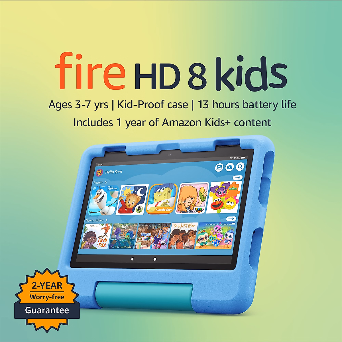 All-new Amazon Fire HD 8 Kids tablet, 8" HD display, ages 3-7, includes 2-year worry-free guarantee, Kid-Proof Case, 32 GB, (2022 release), Blue