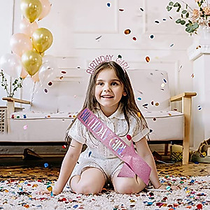 JunyRuny Birthday Girl Glitter Sash & Tiara Set, Pink Birthday Sash and Rhinestone Crown for Women, Sweet Princess Birthday Party Decorations Headband Birthday Gifts for Her, Happy Birthday Decor