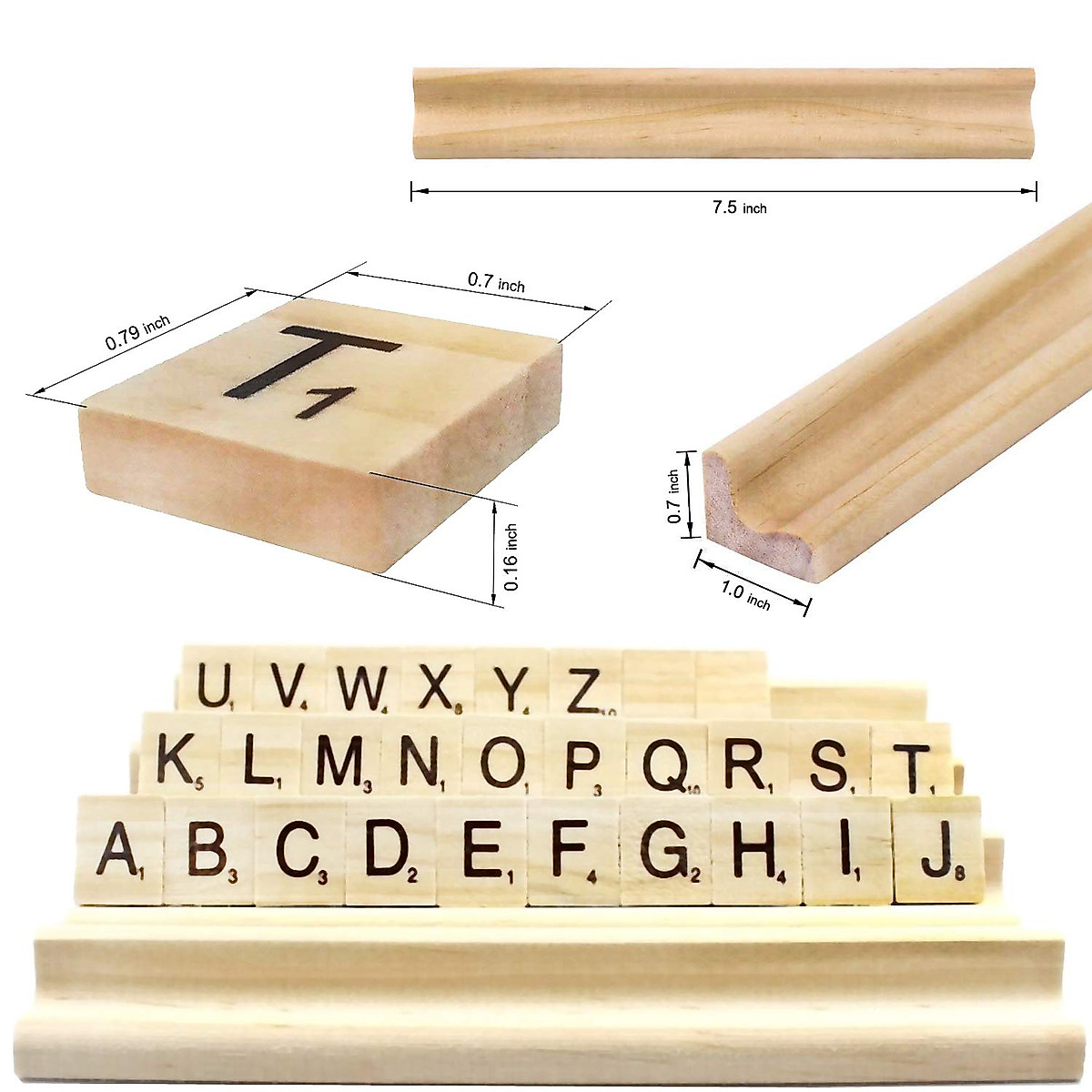 PINOWU 100pcs Wood Letter Tiles for Scrabble, Replacement for Scrabble Letters with Wood Racks and Cloth Gift Bag Craft Playing Alphabet Coasters and Wall Decoration