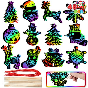 JOYIN 48 Pcs Christmas Scratch Art Ornaments, Scratch Paper Craft Kit Include Snowman, Snowflakes, Christmas Tree, and Reindeer, Rainbow Color Scratch Off Hanging Ornament for Kids Party Favors