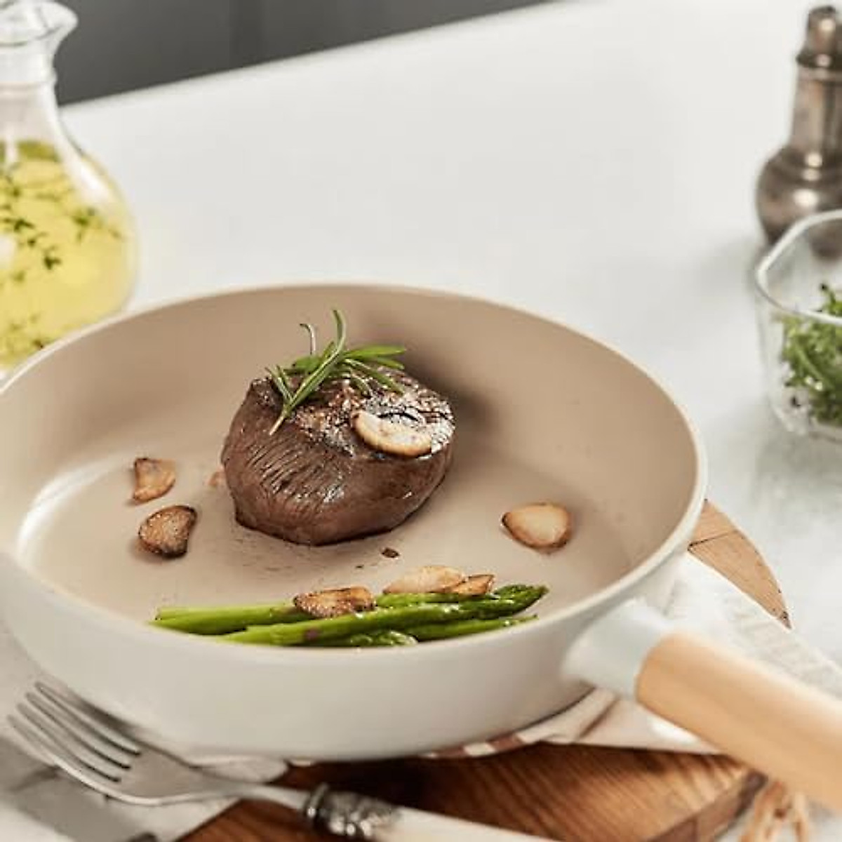 FIKA 9.5 inch Nonstick Frying Pan with Wooden Handle, Induction Compatible Cookware for All Stovetops, Kitchen Essential Ceramic Coating Skillet, Healthy Cooking Omelet Pan, Made in Korea (24cm)