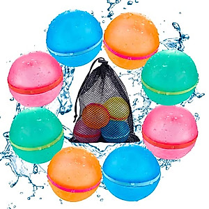 TIZIKCON Reusable Water Balloons with Mesh Bag, Latex-Free Silicone Quick Self-Sealing Water Splash Bomb for Kids Adults Water Game, Bath Toy, Pool Toy, Summer Party Supplies (8PCS)