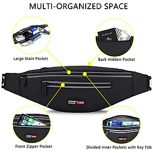 MAXTOP Slim Fanny Packs for Women Men with Water-Resistant PU Leather Waist Pack Belt Bag for Biking Running Jogging Traveling Outdoors Workout Cycling Fitness and Hiking (Black)