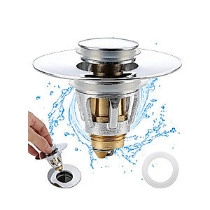 Universal Bathroom Sink Drain Stopper Replacement - Stainless Steel Drain Cover, with Brass Bullet Core, Drain Hair Catcher, Sleek Design, Drain Stopper, Push - Pop-Up Type