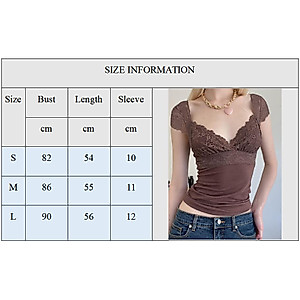 Women Y2k Lace Trim Crop Tops Fairy Grunge Short Sleeve Shirt Slim Fit Aesthetic Tshirt Tee Summer Vintage Streetwear(A7-Brown,M)