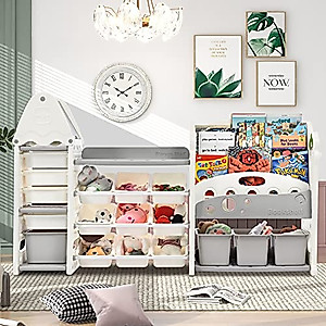 Veemuaro Toy Storage Organizer, Kids Bookcases and Children's Toy Organizer Rack, Kids Toy Box Chest with 17 Storage Bins and 4 Tier Bookshelf for Kids Room, Classroom and Nursery (All-in-One, Gray)